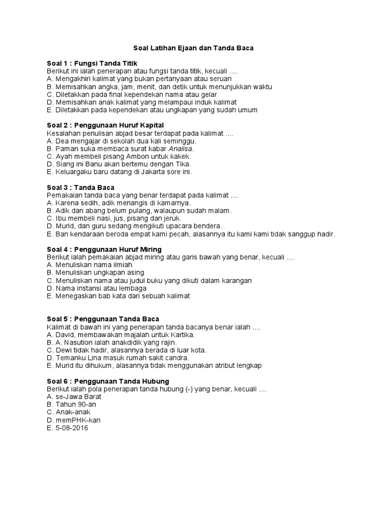 Soal Latihan Ejaan Dan Tanda Baca | PDF | Kajian Bahasa Asing