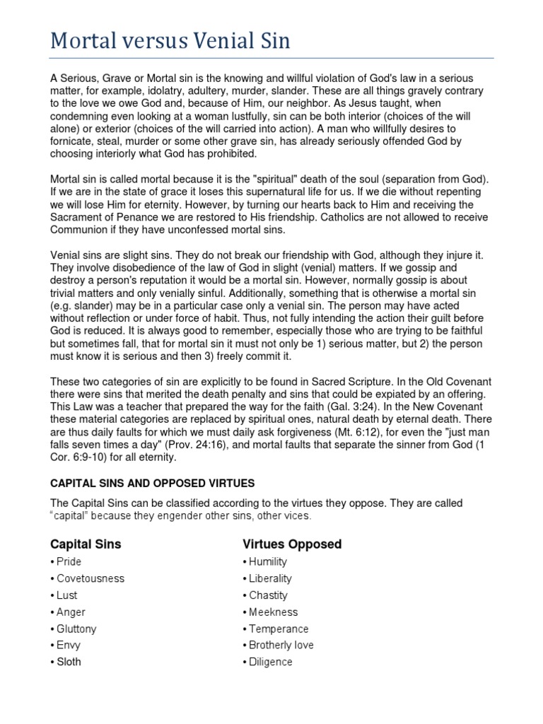 Mortal Versus Venial Sin: Capital Sins Virtues Opposed | PDF | Sin ...