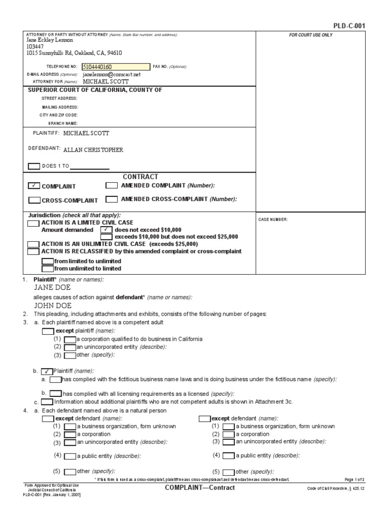 PLD-C-001: Jane Doe John Doe | PDF | Complaint | Lawsuit