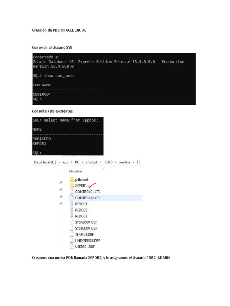 Creación de PDB ORACLE 18C XE | PDF