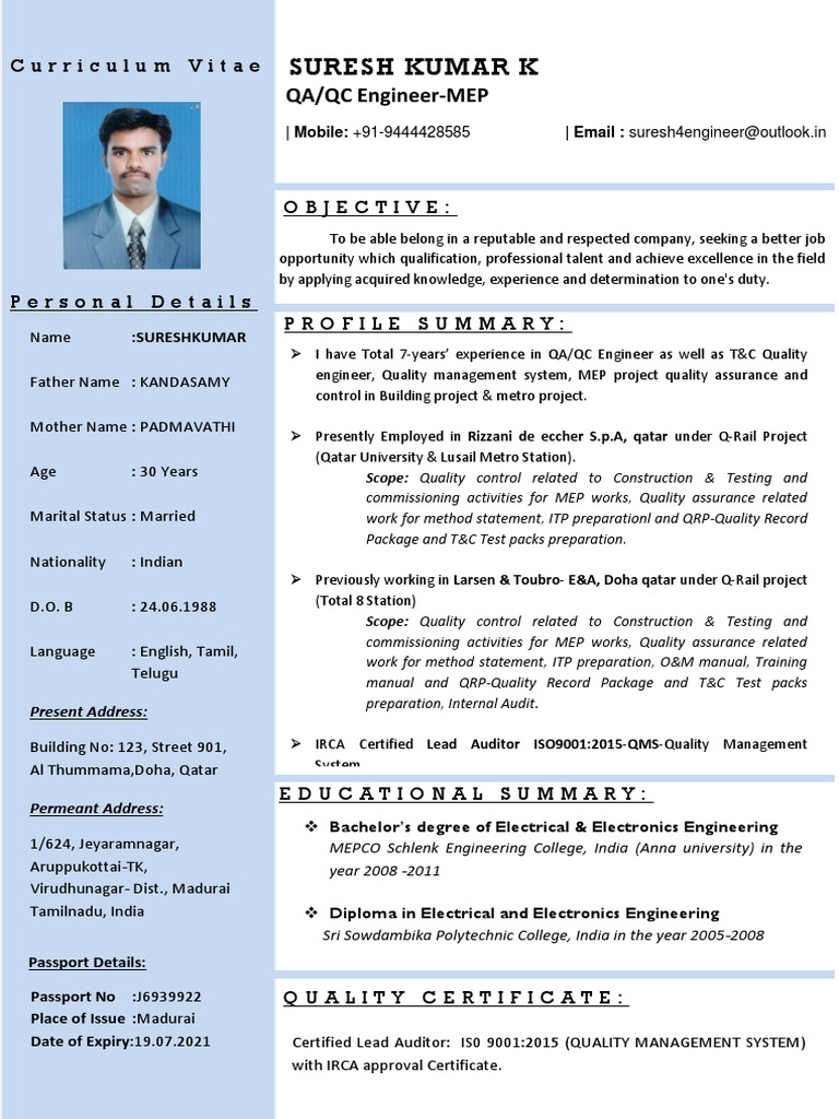 Suresh Kumar K: QA/QC Engineer-MEP | PDF | Quality Assurance | Iso 9000