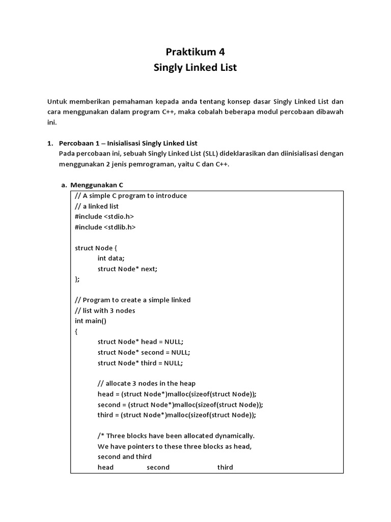 Praktikum 4 - Singly Linked List | PDF | Data | Software Engineering