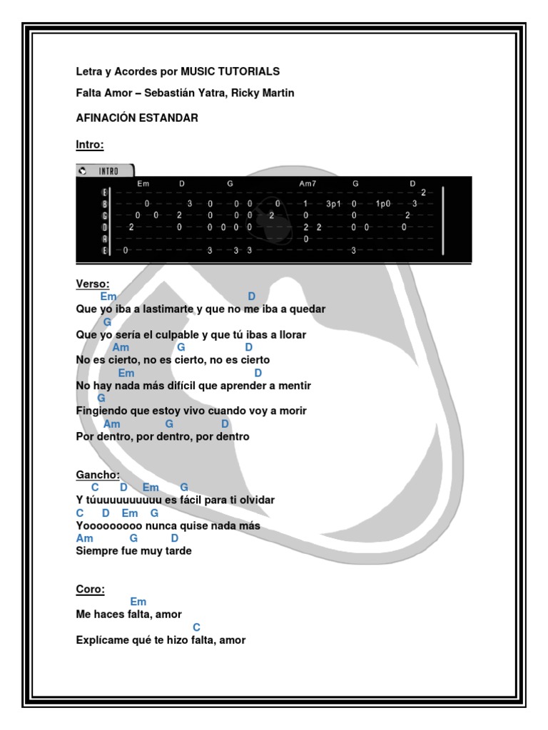 Falta Amor Sebastian Yatra Ricky Martin Letra y Acordes by ...