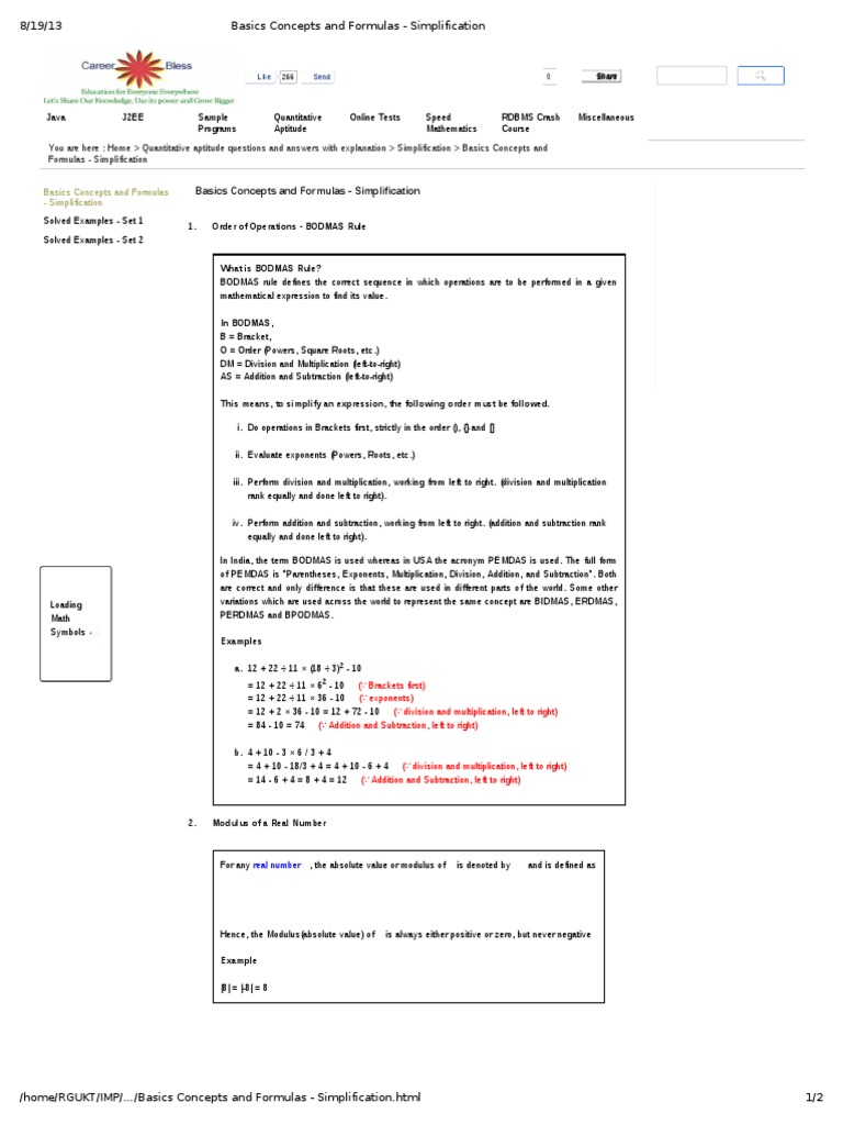 Basics Concepts and Formulas - Simplification PDF | PDF | Algebra | Numbers