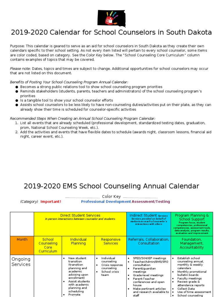 2019-2020 Annual Calendar For School Counselors Artifacts | PDF ...