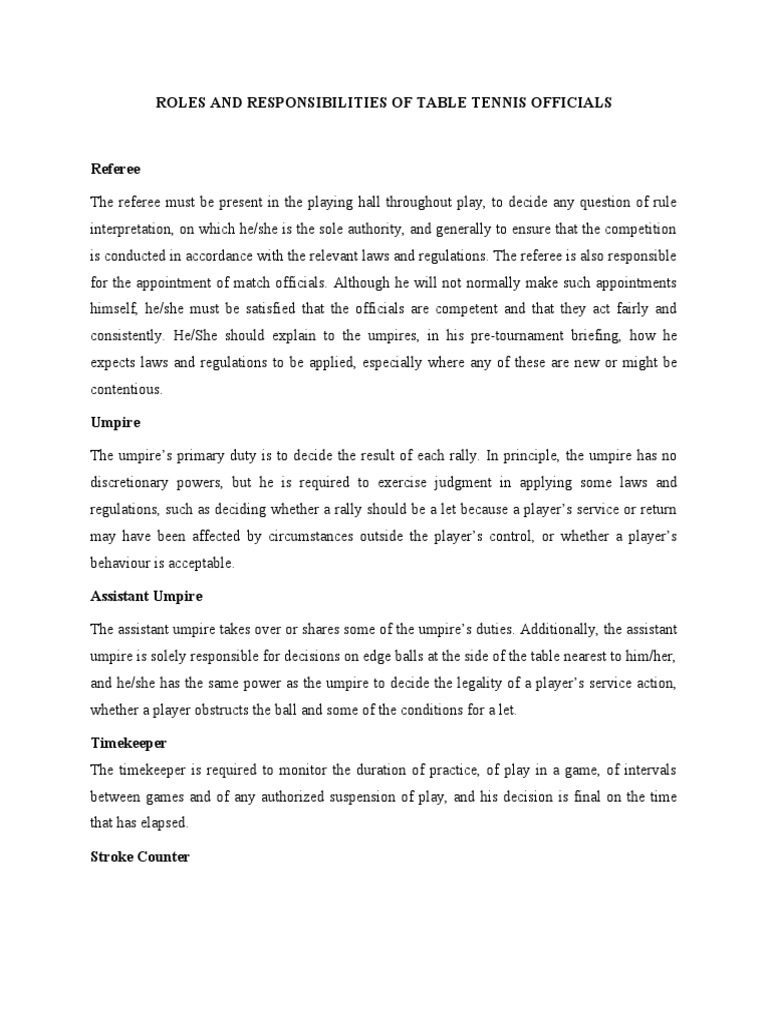 Table Tennis Officials' Roles & Qualities | PDF | Referee | Behavioural ...