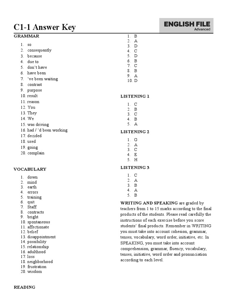 C1-1 Answer Key: Grammar | PDF
