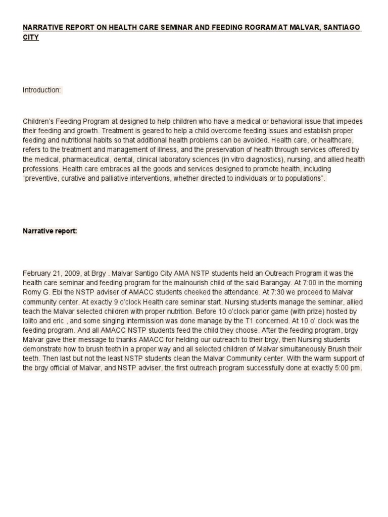 NARRATIVE REPORT ON HEALTH CARE SEMINAR AND FEEDING PROGRAM AT MALVAR & History of BAKING | PDF ...