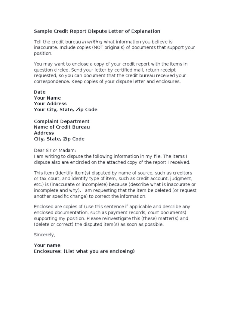 Sample Credit Report Dispute Letter of Explanation | PDF