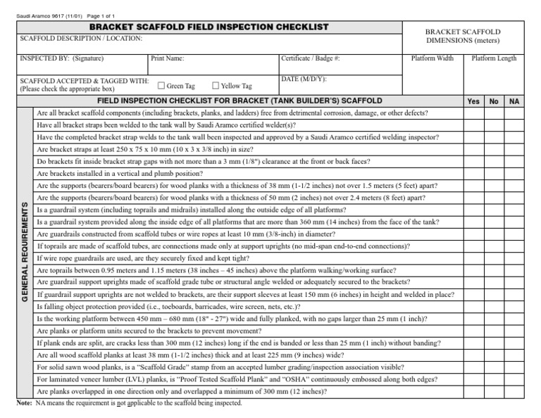 Field Inspection Checklist For Bracket (Tank Builder'S) Scaffold | PDF ...