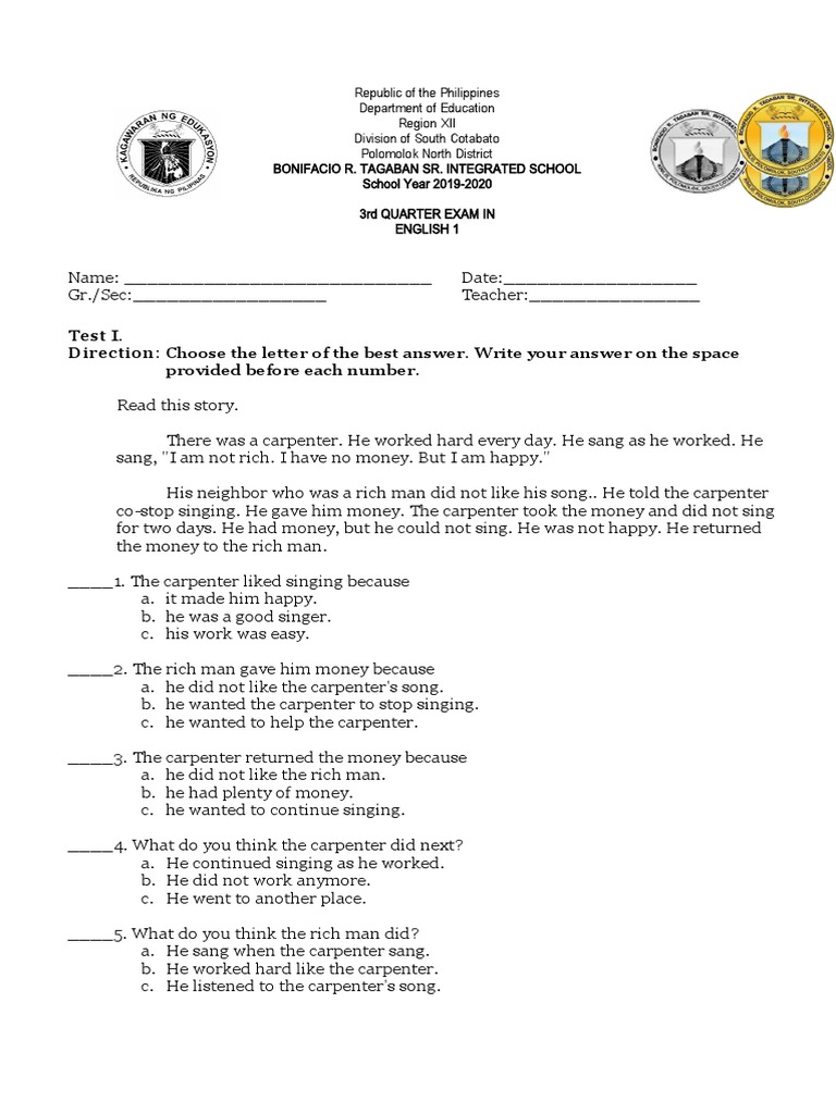 Test I. Direction:: Choose The Letter of The Best Answer. Write Your ...