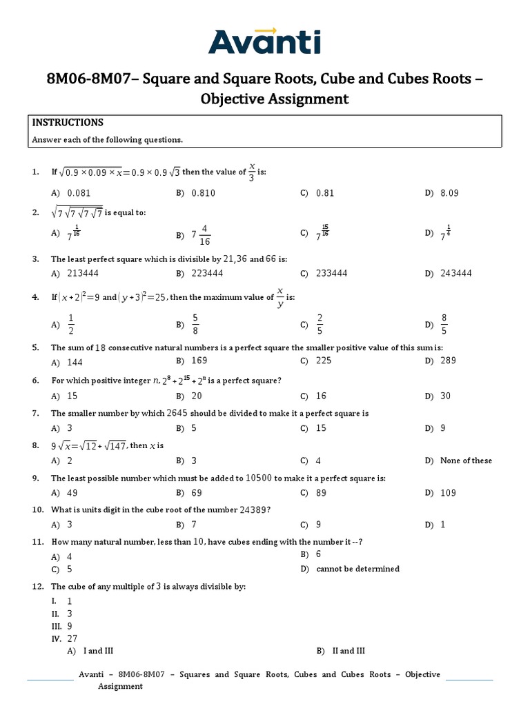 8M06-8M07 Squares and Square Roots, Cubes and Cube Roots - Objective - Assignment - Questions ...