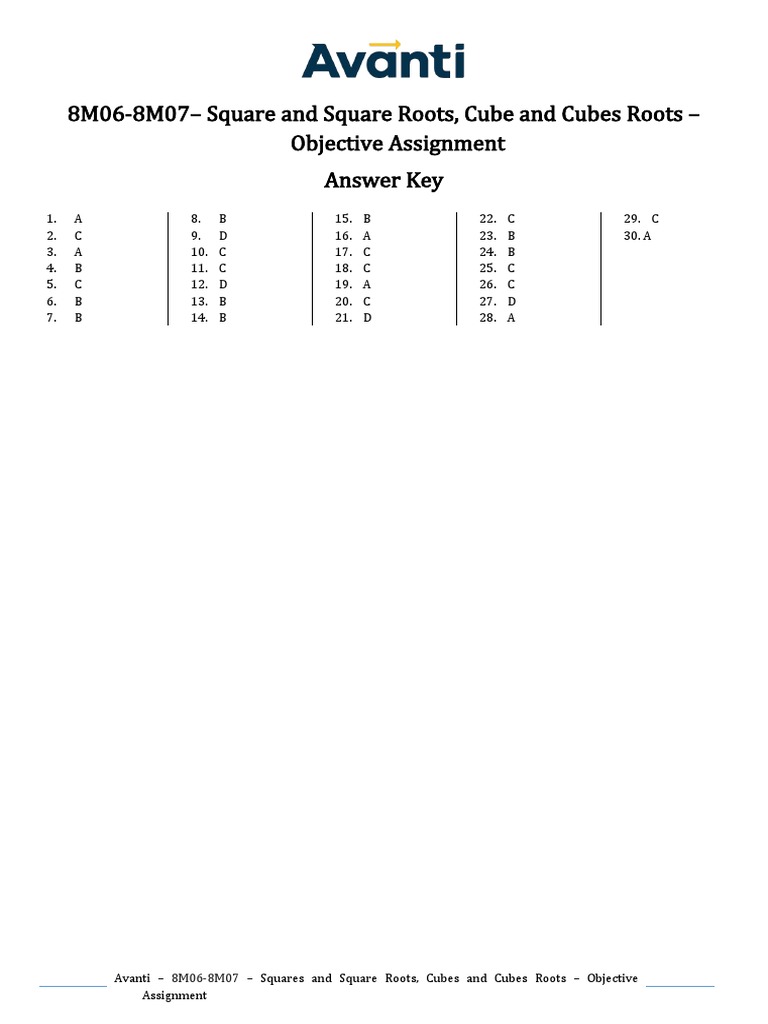 8M06-8M07 Squares and Square Roots, Cubes and Cube Roots - Objective - Assignment - Answer - V | PDF