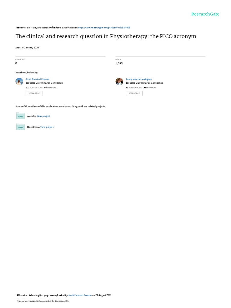 The Clinical and Research Question in Physiotherapy: The PICO Acronym ...