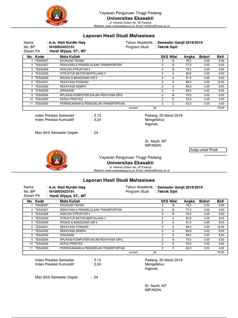 Universitas Ekasakti: No. Kode Mata Kuliah Sks Nilai Angka Bobot BXK | PDF