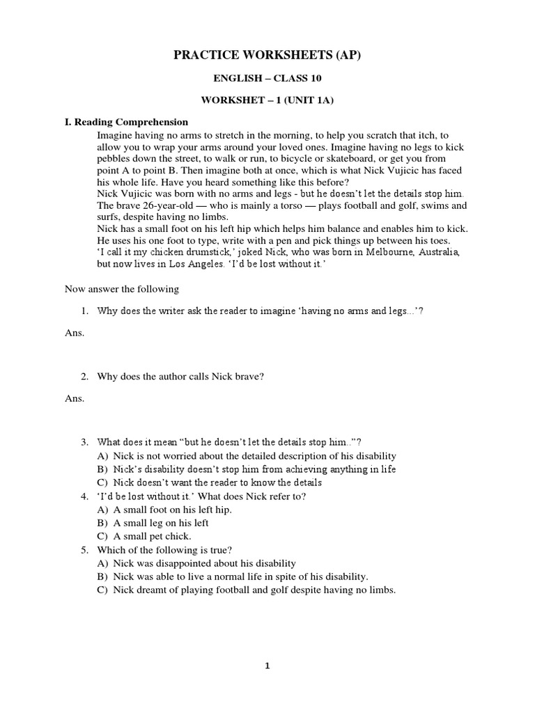 Eng. Worksheet - 1 For Class 10 English - AP PDF | PDF