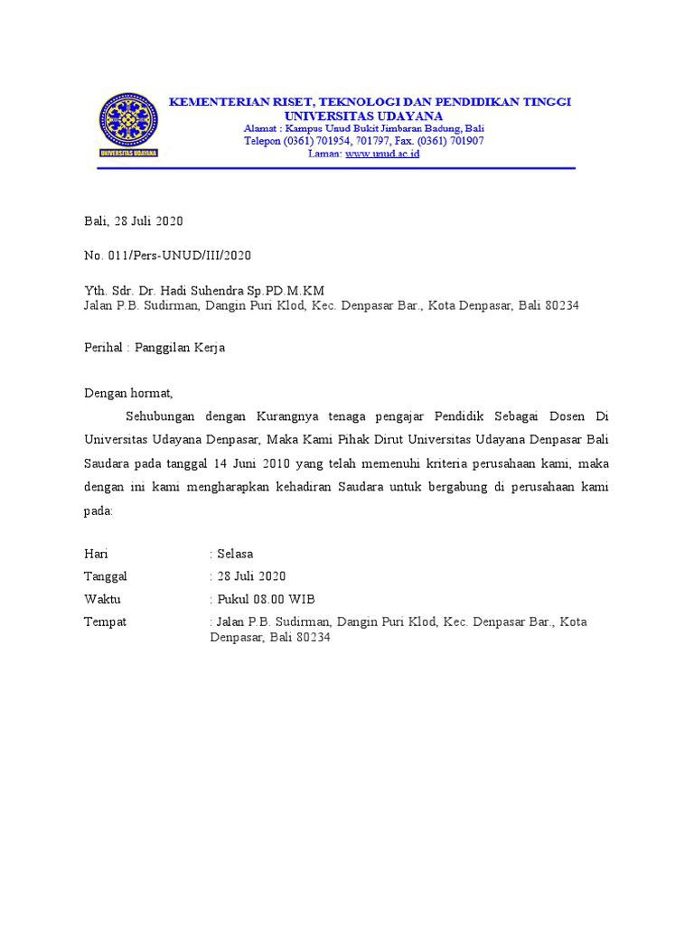 Contoh Surat Panggilan Kerja | PDF