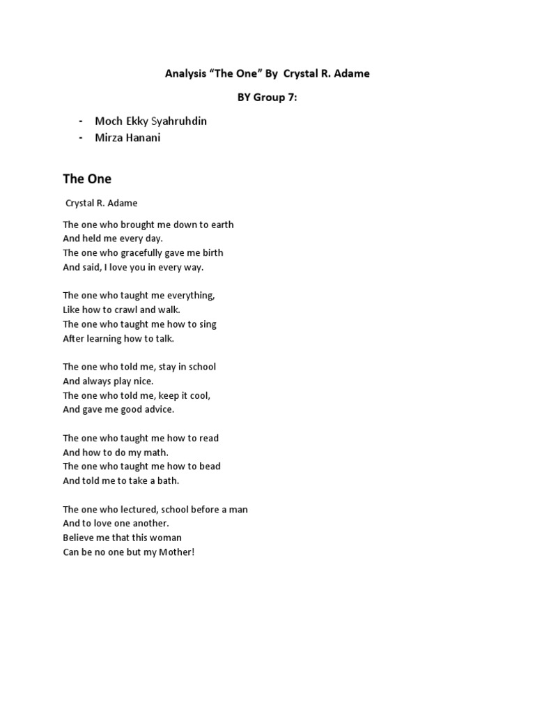 The One: Analysis "The One" by Crystal R. Adame BY Group 7: - Moch Ekky ...