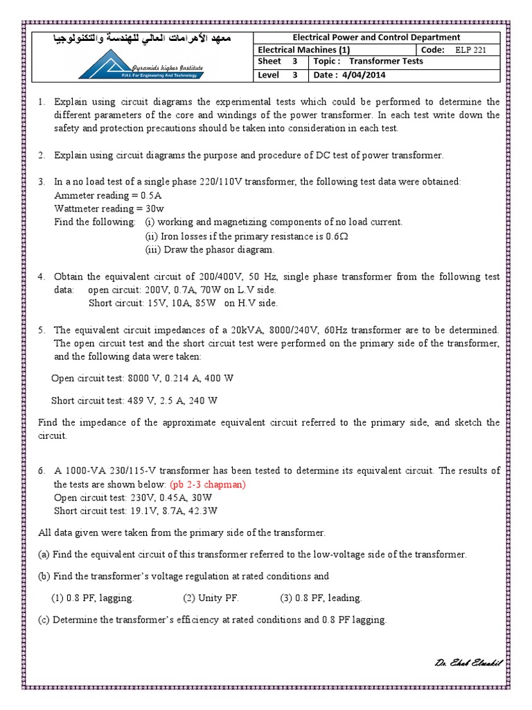 Sheet 3 (Transformer Tests) | PDF | Transformer | Electrical Impedance
