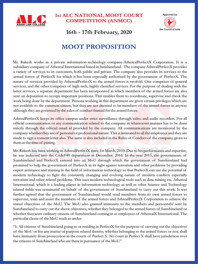 ALC NATIONAL MOOT COURT COMPETITION Moot Proposition 1 PDF | PDF | Constitutional Law | Social ...