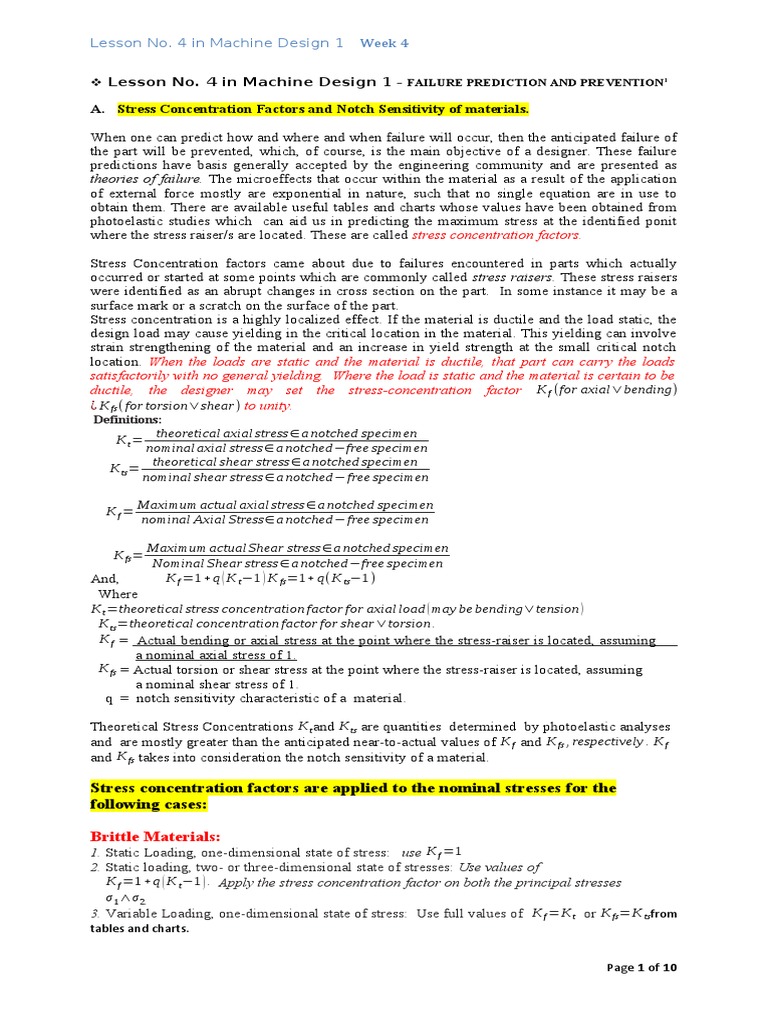 Lesson No. 4 in Machine Design 1 A. Stress Concentration Factors and ...