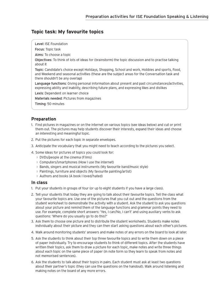 ISE Foundation Topic Task - Favourite Topic | PDF | Question | Behavior ...