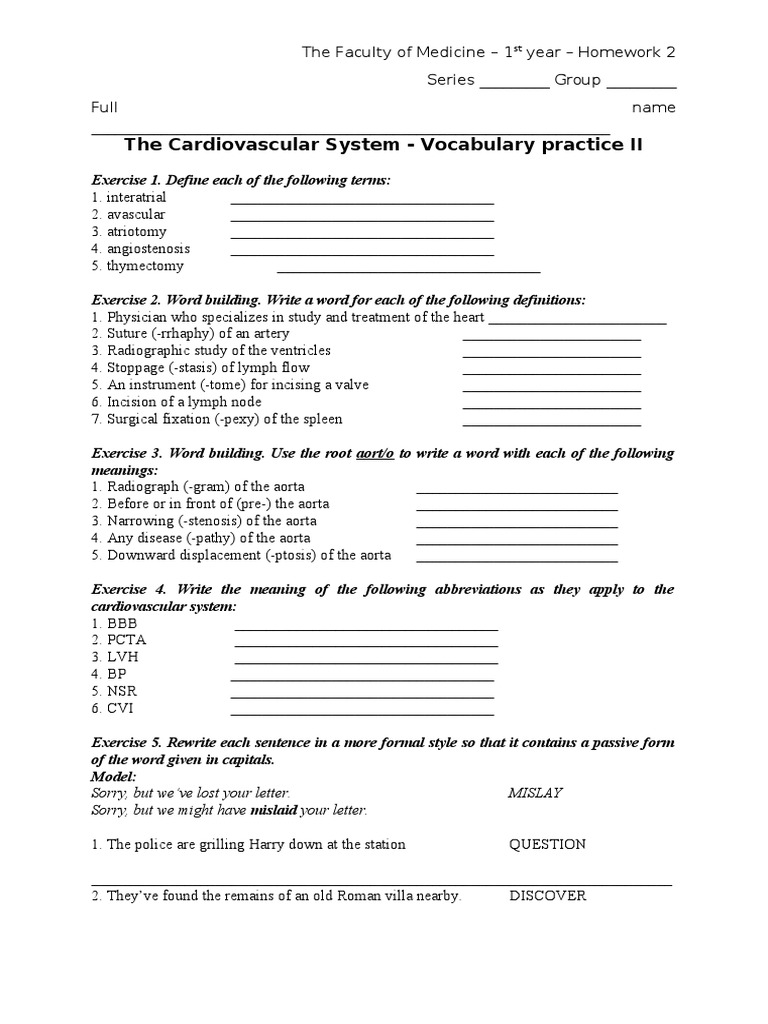 The Cardiovascular System - Vocabulary Practice II | PDF | Circulatory ...
