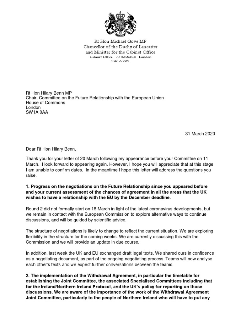 Michael Gove letter to Brexit committee re joint committee and Northern ...