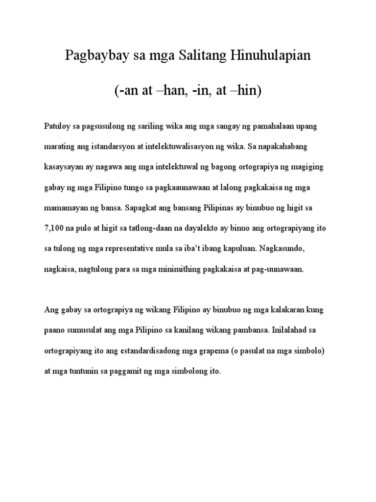 Pagbaybay Sa Mga Salitang Hinuhulapian | PDF
