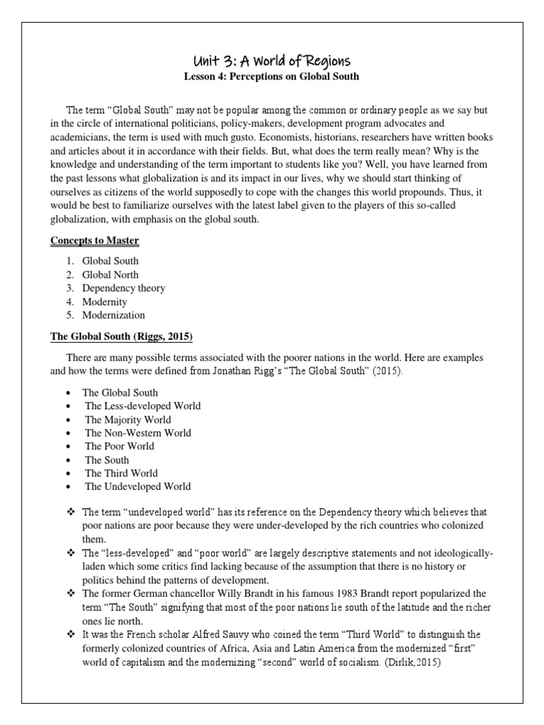 Unit 3: A World of Regions: Lesson 4: Perceptions On Global South | PDF ...