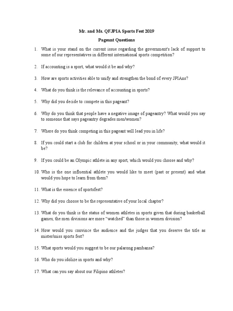 Mr. and Ms. QFJPIA Sports Fest 2019 Pageant Questions | PDF