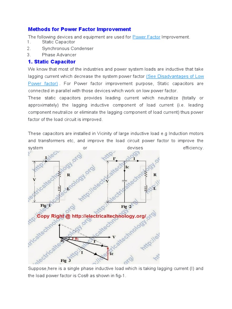 Power Factor Improvement Methods Explained | PDF | Electric Motor ...