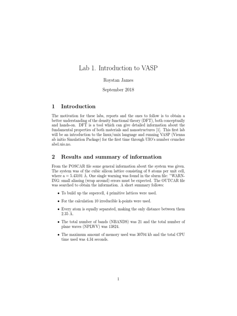Lab 1. Introduction To VASP: Roystan James September 2018 | PDF ...