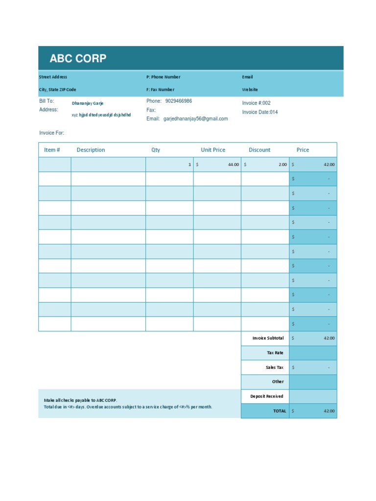 Abc Corp: Item # Description Qty Unit Price Discount Price | PDF ...