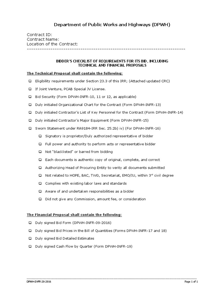 DPWH Bidder's Requirements Checklist | PDF