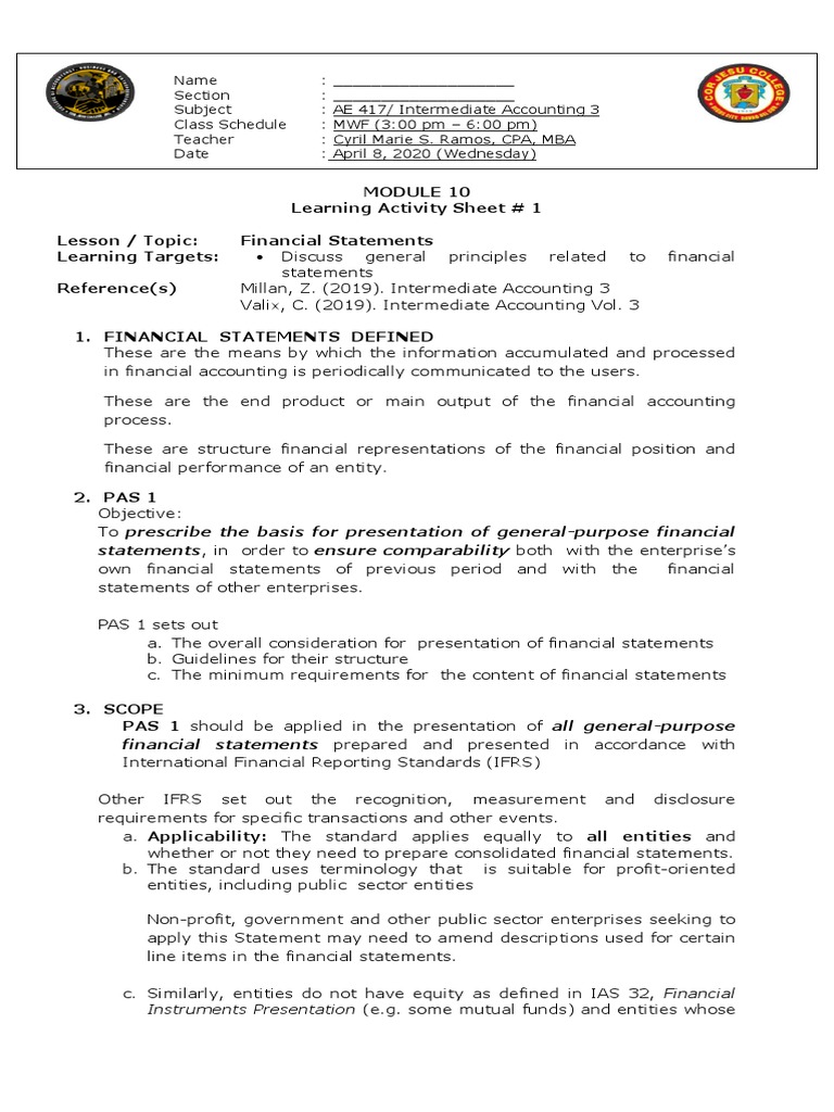 Learning Activity Sheet # 1 Lesson / Topic: Financial Statements ...
