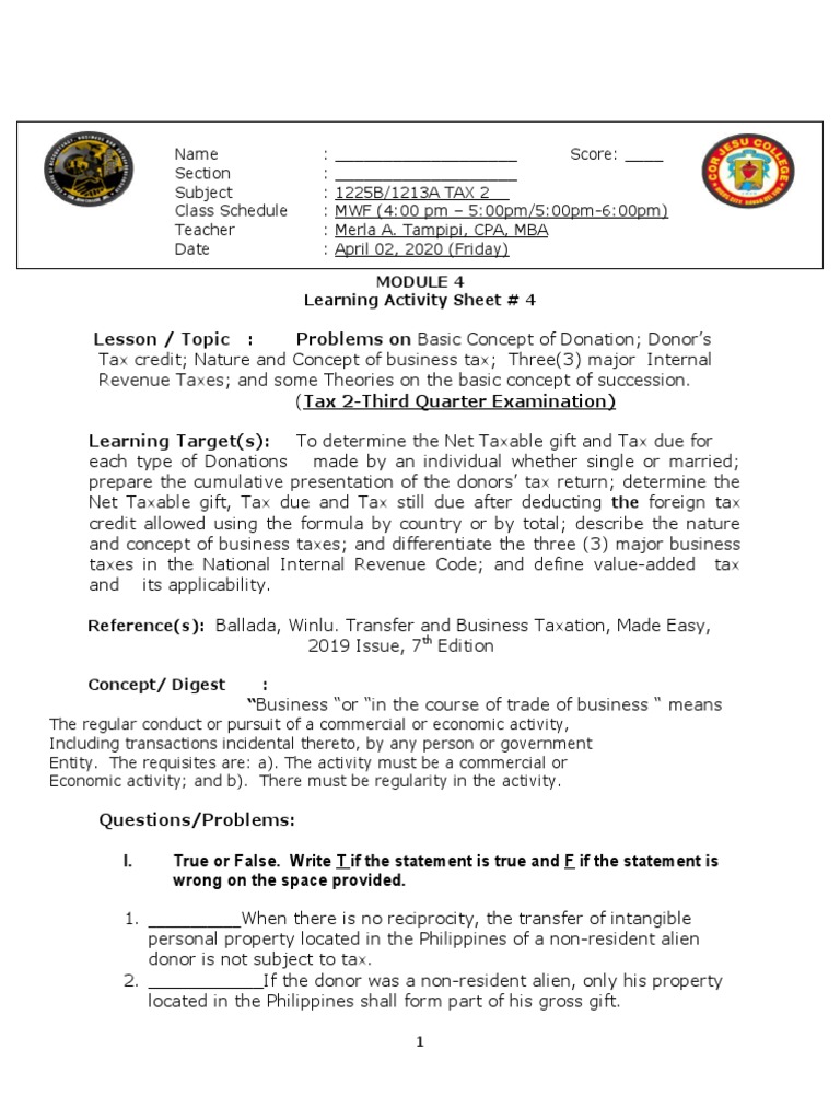 Module For TAX2 April 3 2020 THIRD QTR EXAMS | Download Free PDF | Estate Tax In The United ...