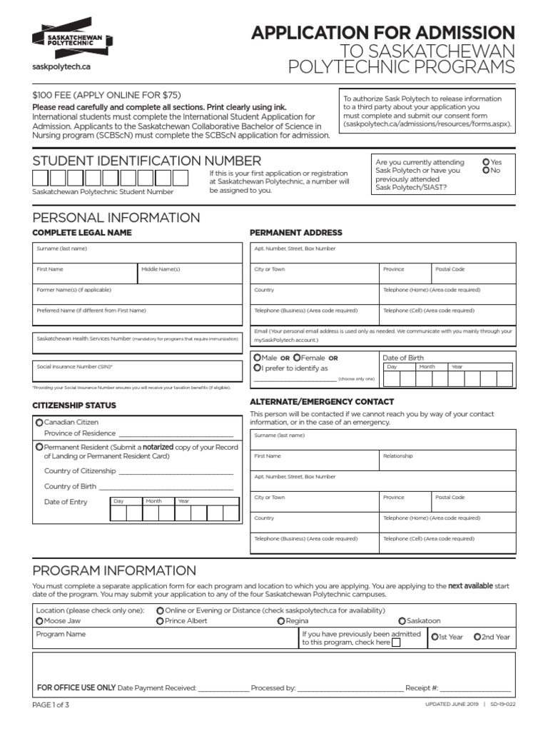Application For Admission To Saskatchewan Polytechnic Programs Form PDF ...