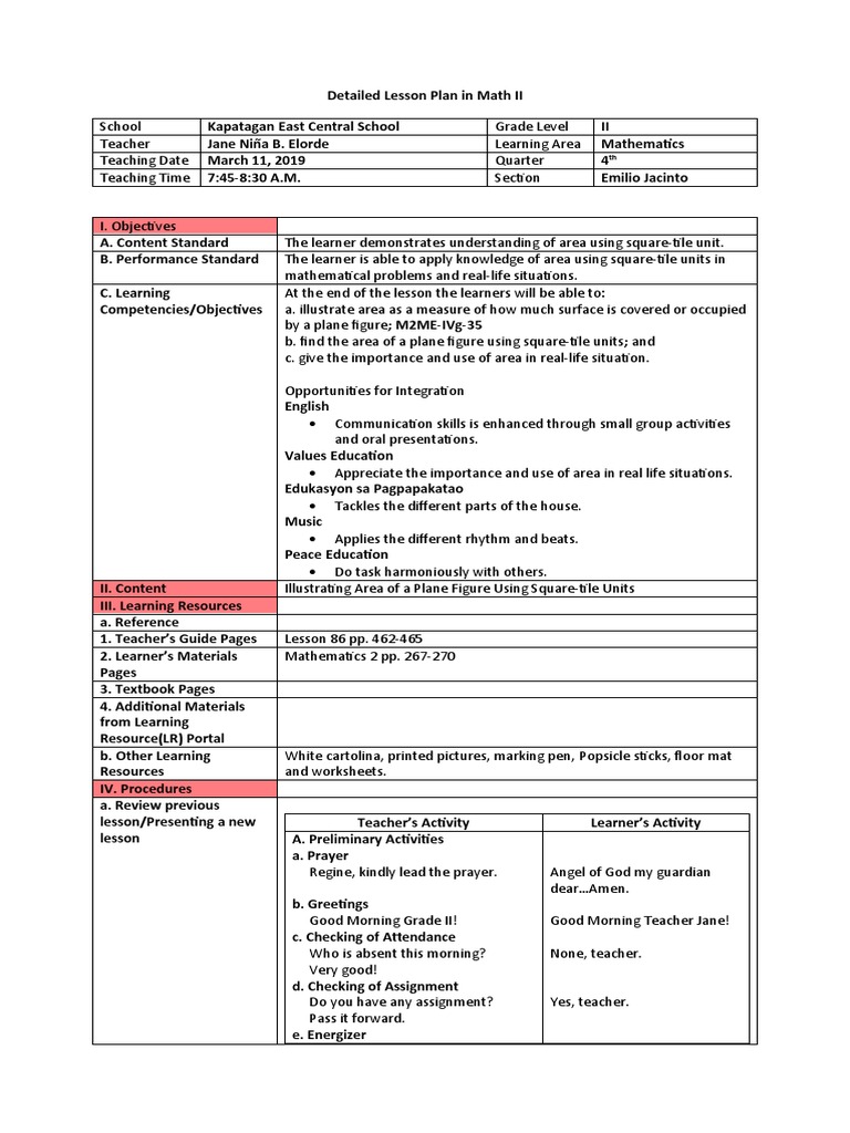 Detailed Lesson Plan in Math 2 - Sample | PDF | Rectangle | Area