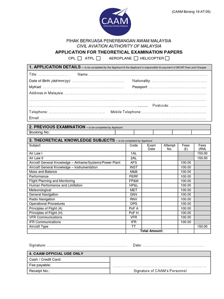 CPL ATPL Application Form For Theoretical Exam Paper PDF | PDF ...