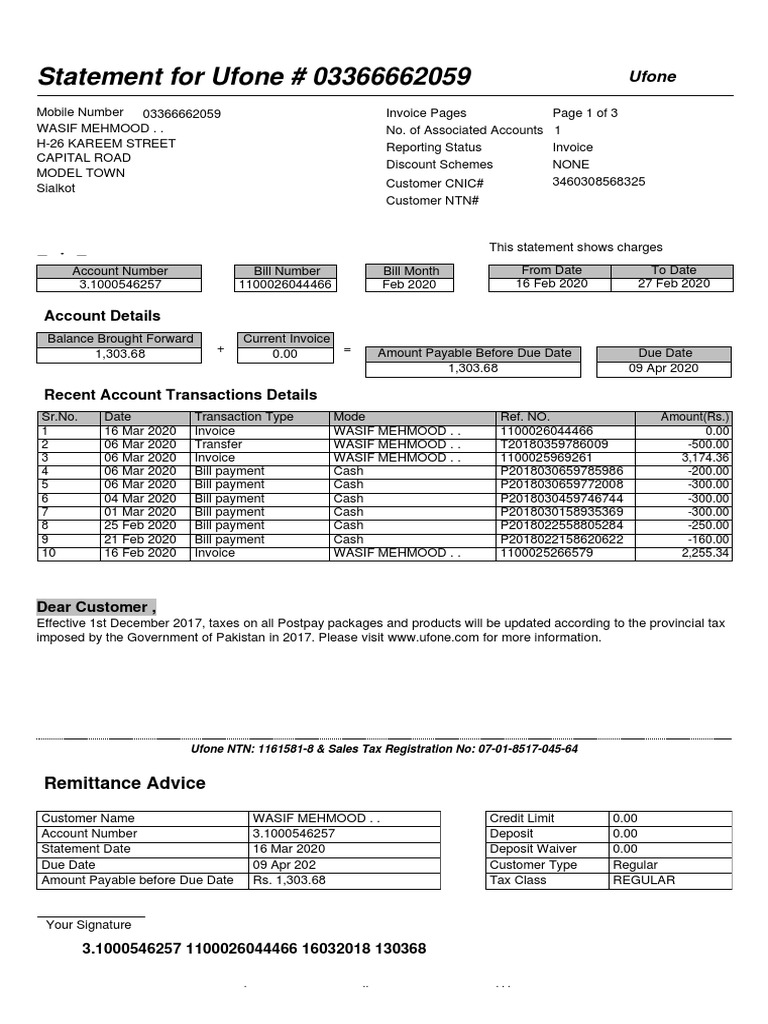 Statement For Ufone # 03366662059: Account Details | PDF | Invoice ...