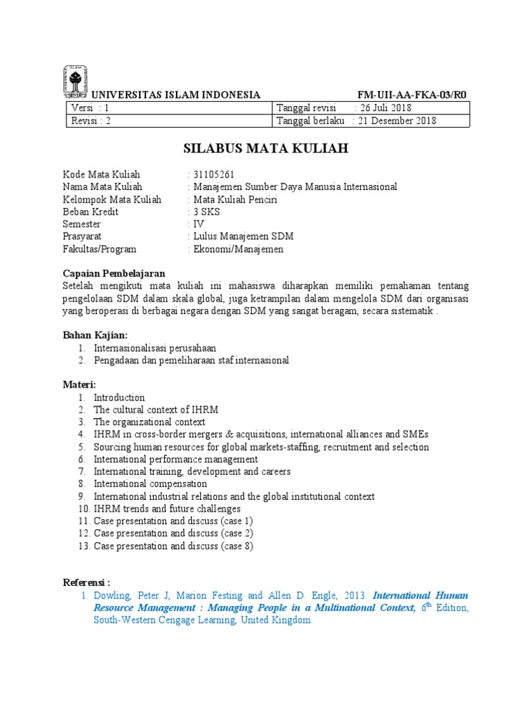 Silabus MSDM Internasional-FND | PDF | Industrial And Organizational Psychology | Systems Psychology