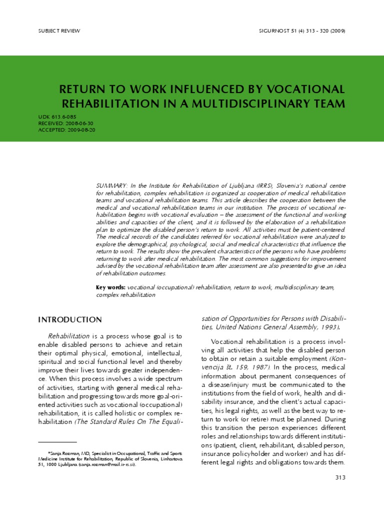 Return To Work Influenced by Vocational Rehabilitation in A ...