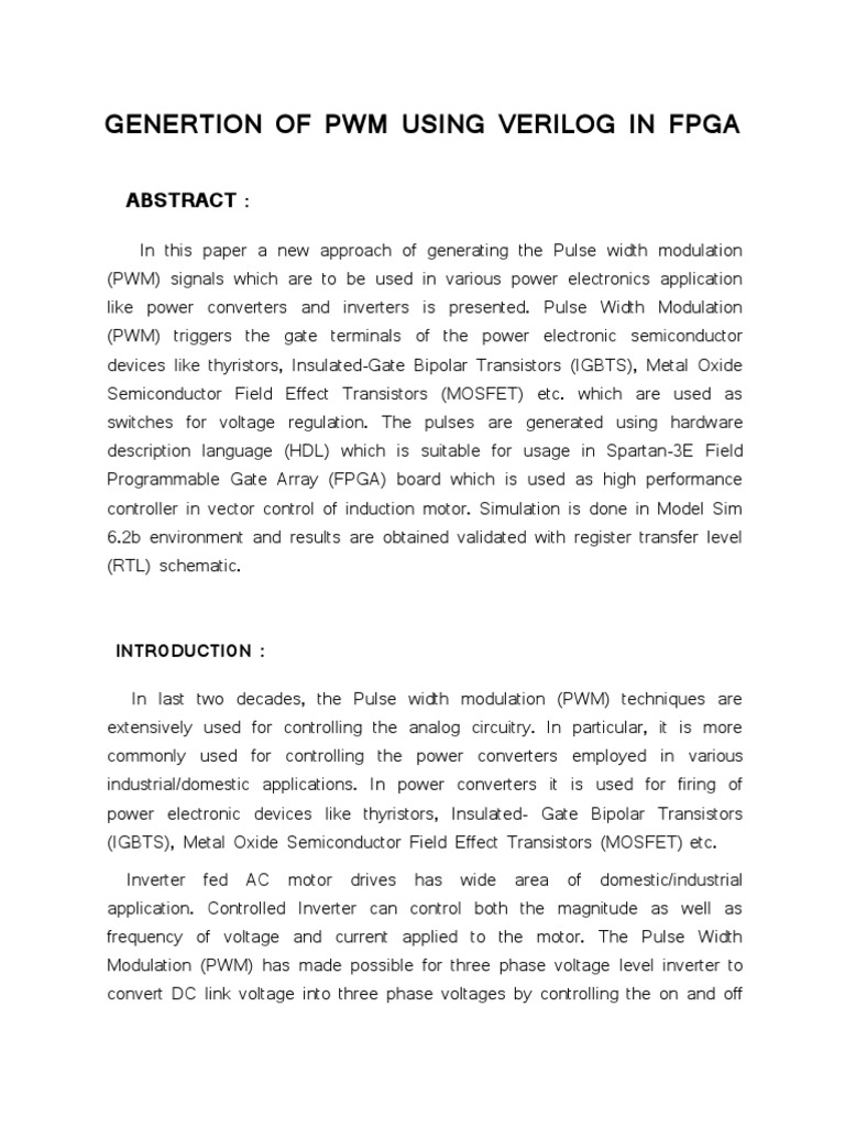Generation Of Pwm Using Verilog In Fpga Pdf Power Electronics