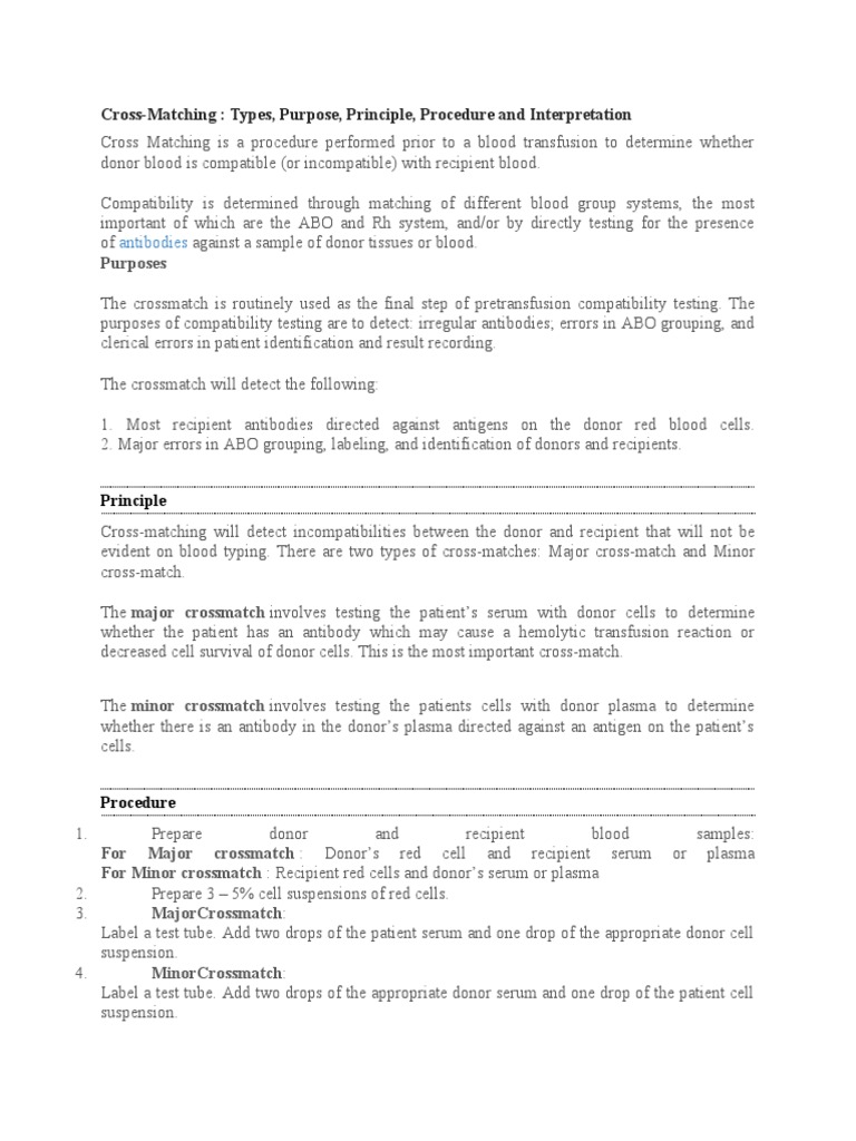 Blood Cross-Matching: Types and Procedure | PDF | Blood Type | Blood ...