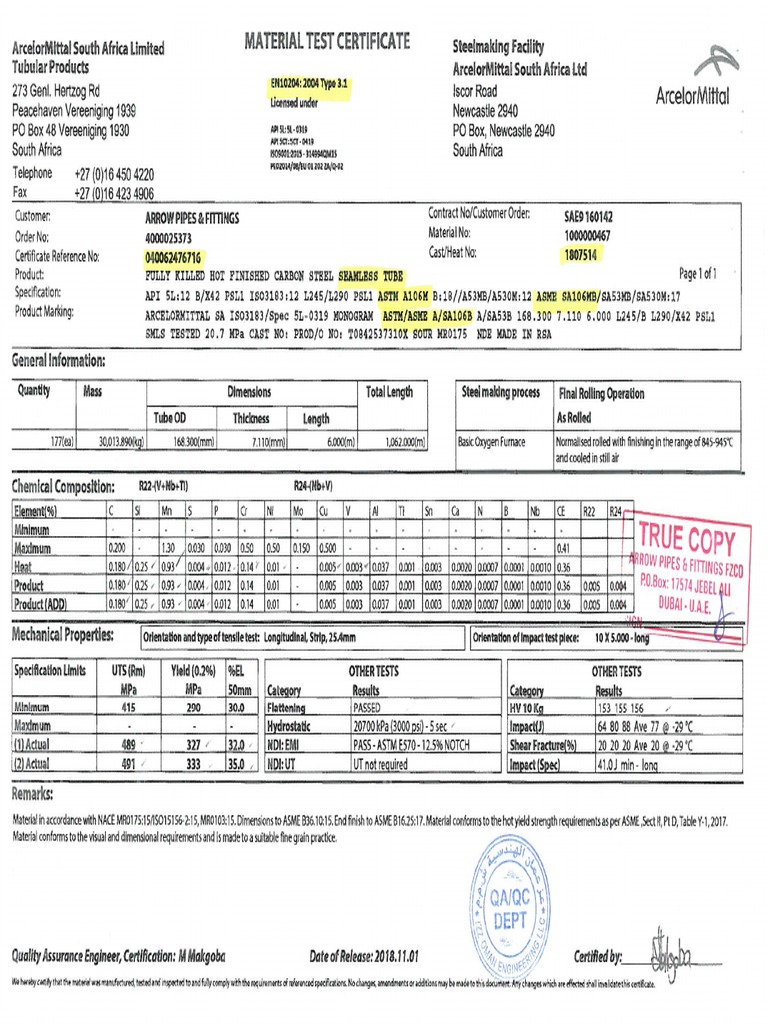 6 & 4 Inch Pipe MTC | PDF