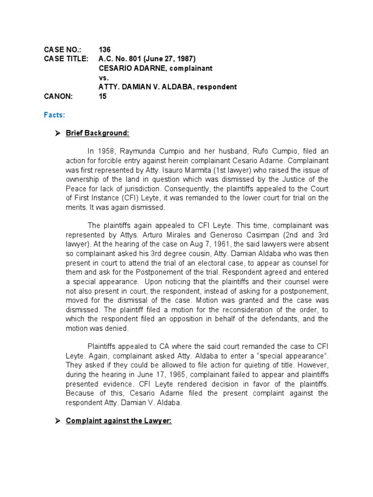 Adarne vs. Aldaba, A.C. No. 801, 27 June 1978 | PDF | Disbarment | Lawyer
