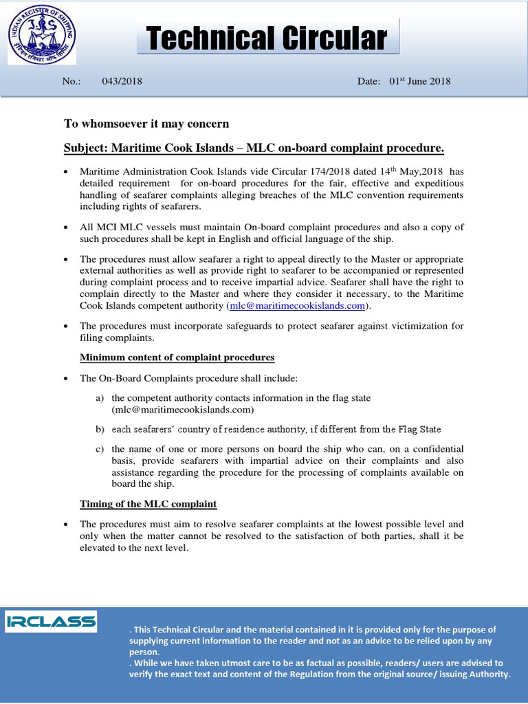 Technical Circular: To Whomsoever It May Concern Subject: Maritime Cook ...