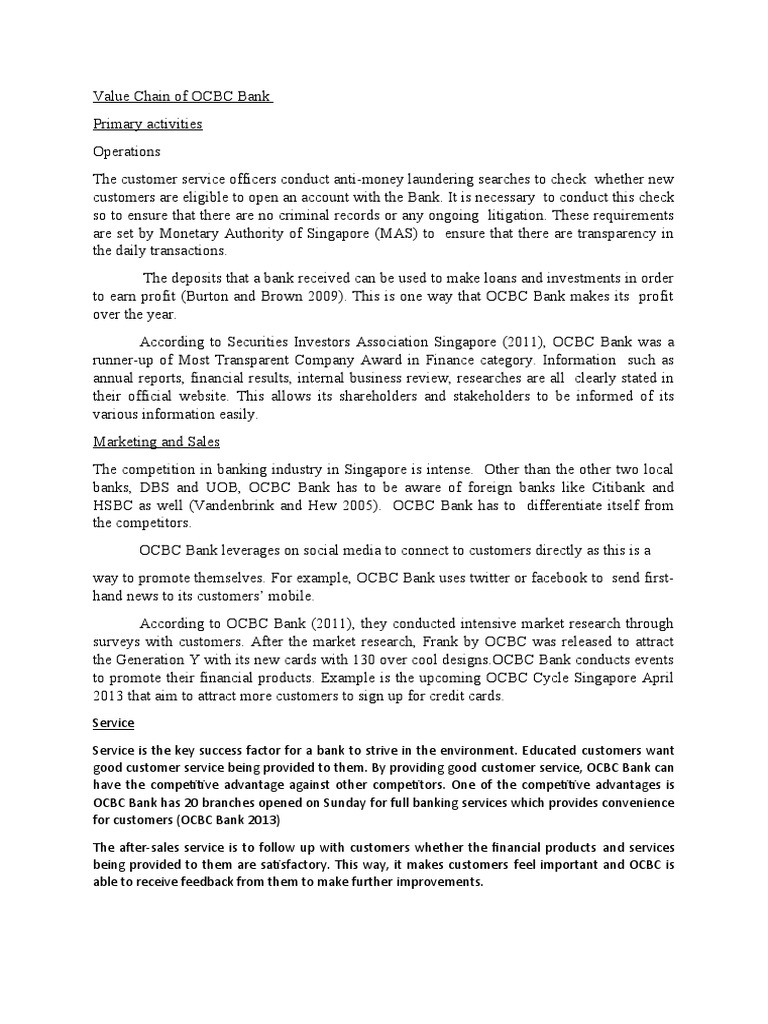 Value Chain of OCBC Bank | PDF | Competitive Advantage | Banks