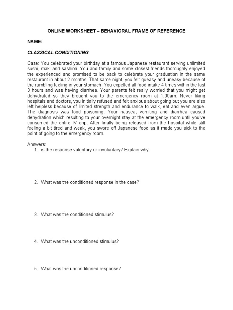 Online worksheet - Behavioral frame of reference | PDF
